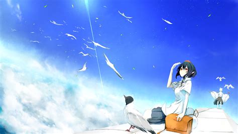 Black Haired Female Anime Character Sitting On Cloud HD Wallpaper