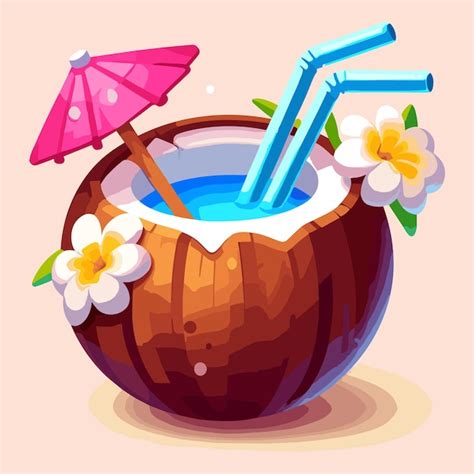 Coco Con Dos Pajitas Y Un Paraguas En Un Vector De Playa Vector Premium