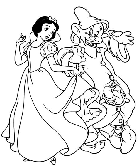 Desenho de Branca de Neve dançando os anões para colorir