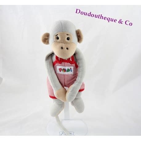 Peluche singe Popi AJENA NOUNOURS salopette rouge rayé 25 cm SOS