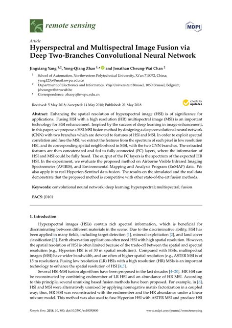 pdf hyperspectral and multispectral image fusion via deep two branches convolutional neural