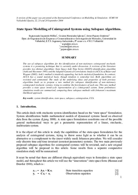 pdf state space modelling of cointegrated systems using subspace algorithms segismundo