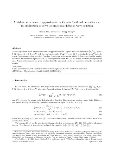 pdf a high order scheme to approximate the caputo fractional derivative and its application to