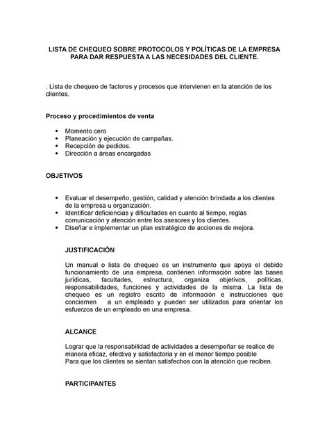 Lista DE Chequeo LISTA DE CHEQUEO SOBRE PROTOCOLOS Y POLÍTICAS DE LA