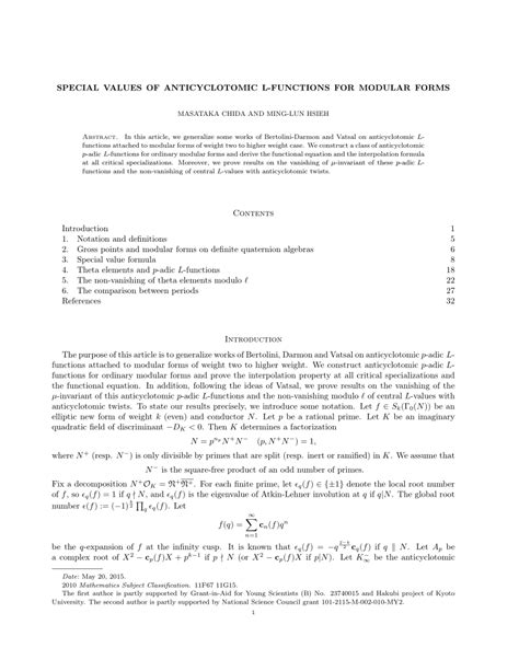 pdf special values of anticyclotomic l functions for modular forms