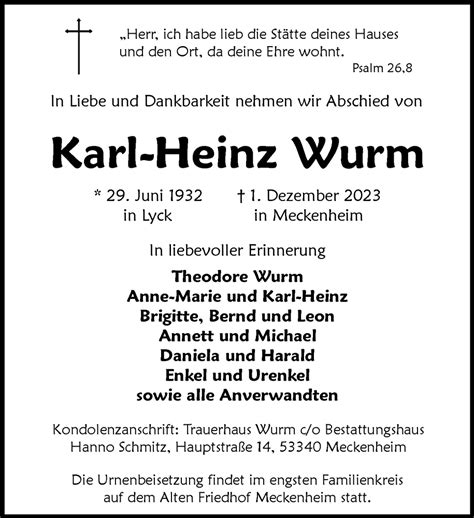 Traueranzeigen Von Karl Heinz Wurm Ga Trauer De