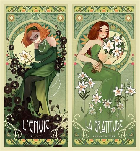 Two Posters With Women In Green Dresses And Flowers