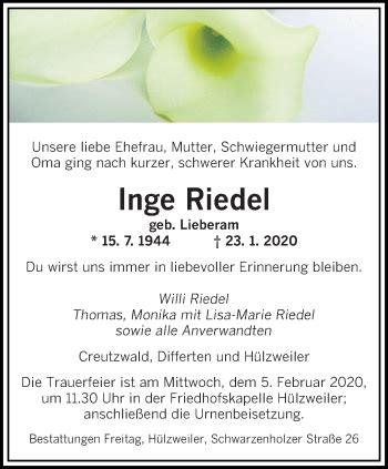 Traueranzeigen Von Inge Riedel Saarbruecker Zeitung Trauer De