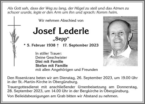 Traueranzeigen von Josef Lederle Allgäuer Zeitung