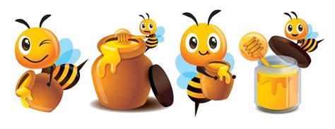 Abeja Linda De Dibujos Animados Con Miel Fresca Y Conjunto De Olla De