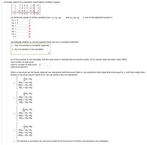 solved a simplex matrix for a standard maximization problem