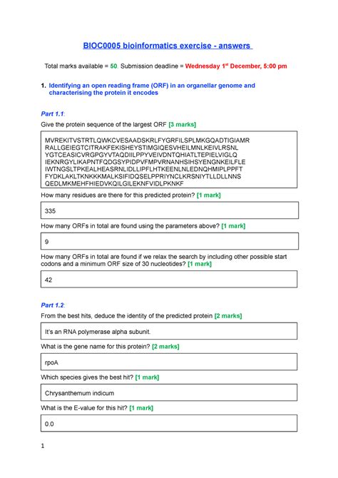 bioinformatics answer sheet bioc0005 bioinformatics exercise answers total marks available