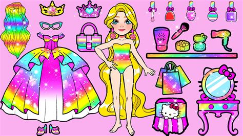 Học Làm Búp Bê Giấy Rapunzel Làm Váy và Trang Trí Nhà Cầu Vồng Câu