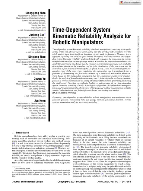 pdf time dependent system kinematic reliability analysis for robotic manipulators