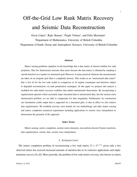 pdf off the grid low rank matrix recovery and seismic data reconstruction