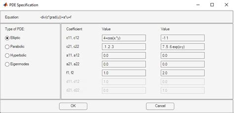 specify coefficients in pde modeler app matlab and simulink
