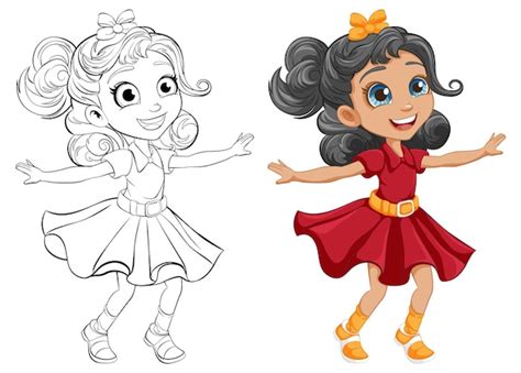 Fille Heureuse Dansant Personnage De Dessin Animé Et Contour Pour Les