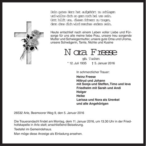 Traueranzeigen Von Nora Freese Nordwest Trauer De