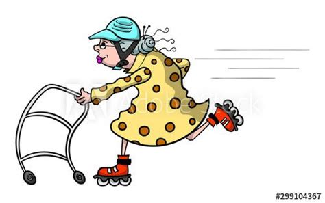 Cartoon Illustration Of An Old Lady Speeding Along With Her Walker And