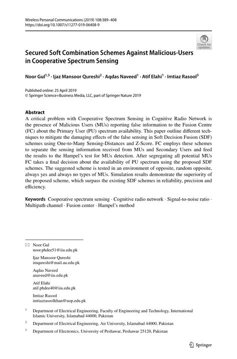 pdf secured soft combination schemes against malicious users in cooperative spectrum sensing