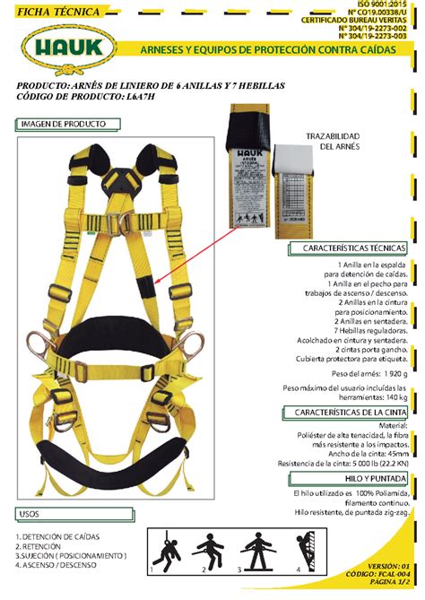 Ficha Tecnica De Arnes Arneses Y Equipos De Protecci N Contra
