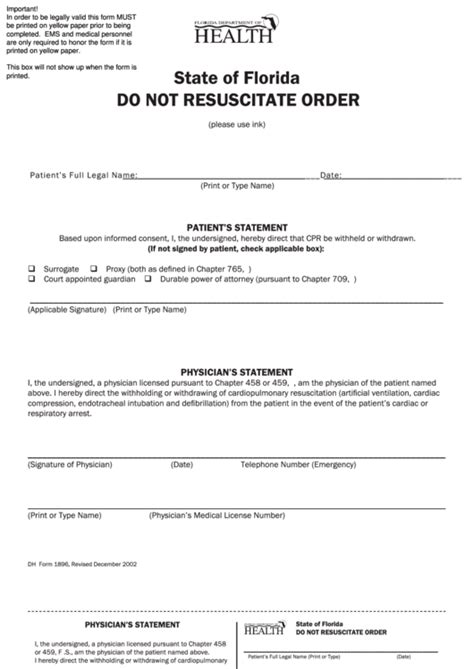 Printable Do Not Resuscitate Form Florida Printable Templates
