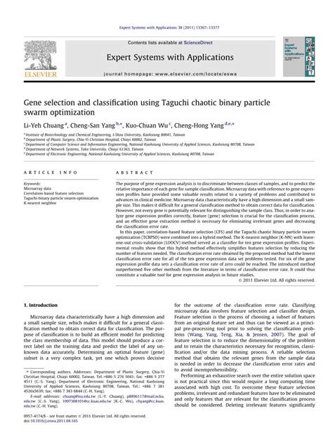 pdf gene selection and classification using taguchi chaotic binary particle swarm optimization