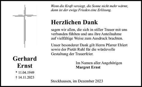 Traueranzeigen Von Gerhard Ernst Vrm Trauer De