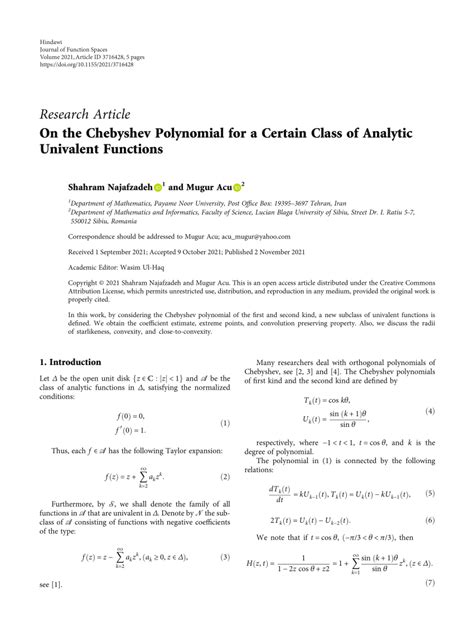pdf on the chebyshev polynomial for a certain class of analytic univalent functions
