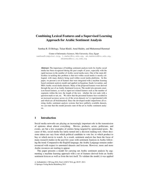 pdf combining lexical features and a supervised learning approach for arabic sentiment analysis