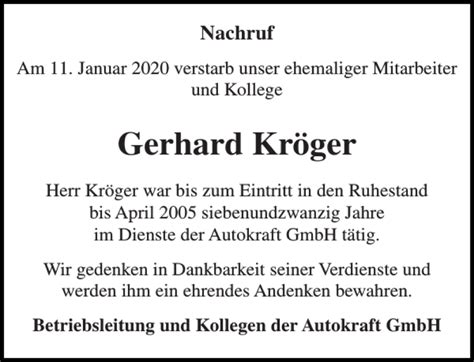Traueranzeigen von Gerhard Kröger sh z Trauer