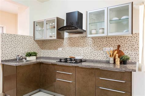 Modular Kitchen Design With Glass Shuttered Storage Units Livspace