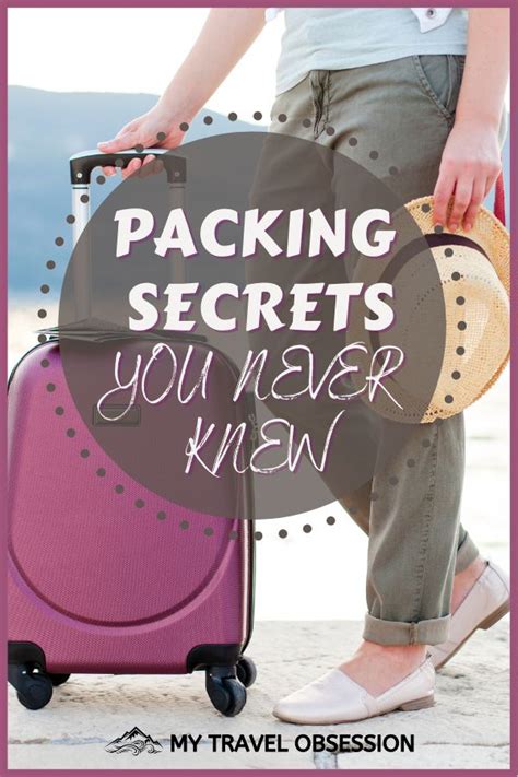 A Woman Standing Next To A Pink Suitcase With The Words Packing Secrets