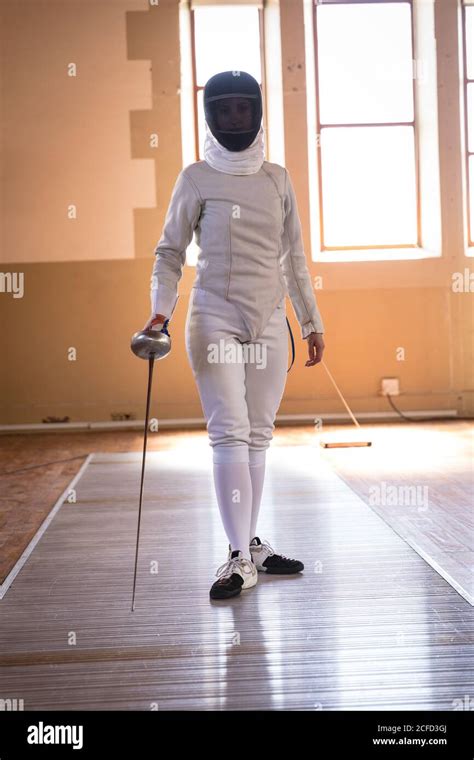 Woman Wearing Fencing Outfit Stock Photo Alamy