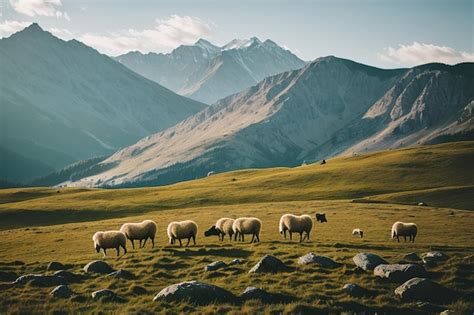 Premium AI Image Sheep Grazing In Alpine Meadows And Units With