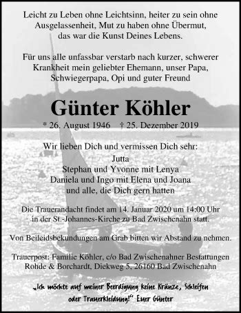 Traueranzeigen von Günter Köhler nordwest trauer de