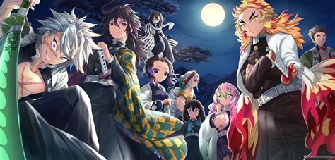 Anime Characters Standing In Front Of A Full Moon