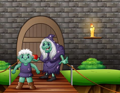 Old Evil Witch With A Giant In Front The House 5317555 Vector Art At