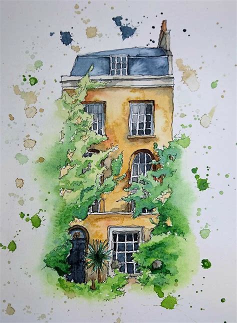 A Watercolor Painting Of A House With Trees And Bushes
