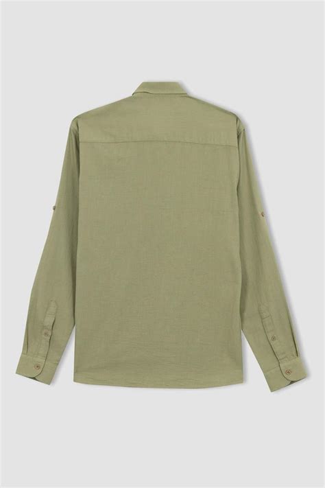 Yeşil Erkek Slim Fit Basic Keten Görünümlü Uzun Kollu Gömlek 2794534