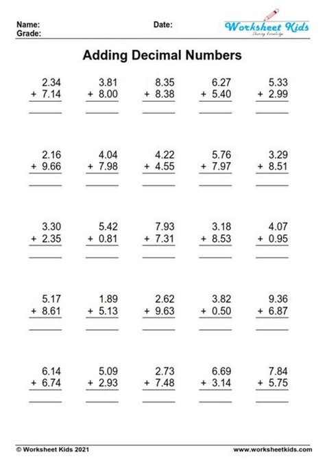 Decimal Addition Worksheets For Grades 4 6 Free Printable PDF Year 6