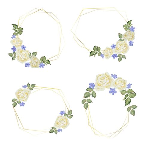 Acuarela Rosa Blanca Y Plumboga Ramo De Flores Corona Insignia Marco