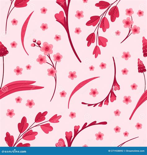 Magenta Floral Seamless Pattern Blooming Flowers Red And Pink Leaves