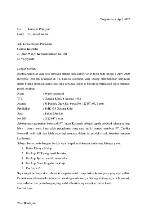 Contoh Surat Lamaran Kerja Cv Yang Baik Dan Benar