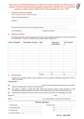 Fillable Online Revenue Form VAT 59 Claim By An Institution Society