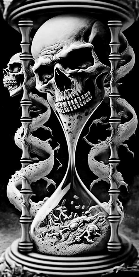 A Black And White Photo Of A Skull In An Hourglass With Snakes Around It