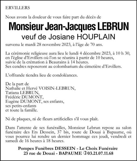 Monsieur Jean Jacques LEBRUN Pompes Funèbres Dessein