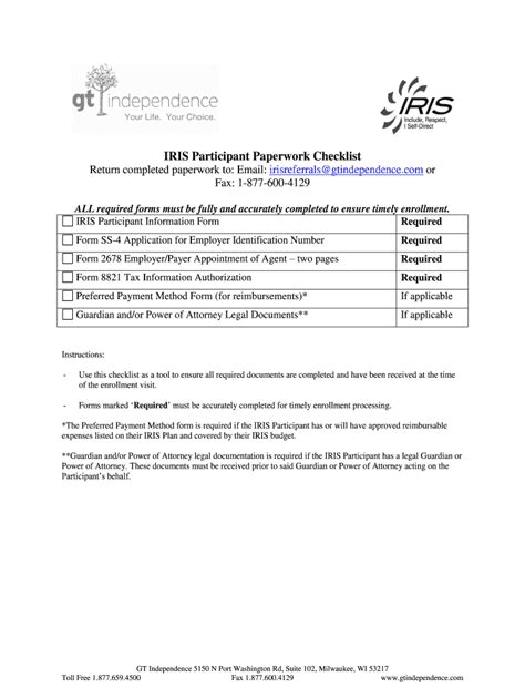 Fillable Online Iris Participant Paperwork Checklist Fax Email Print
