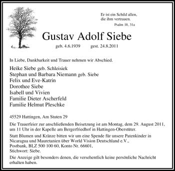 Traueranzeigen Von Gustav Adolf Siebe Trauer In NRW De