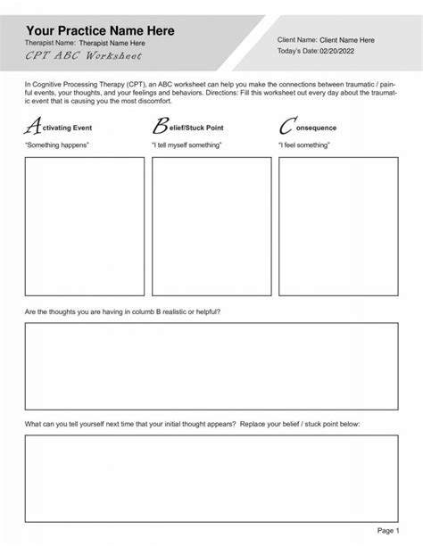 Cognitive Processing Therapy CPT ABC Worksheet Editable Fillable